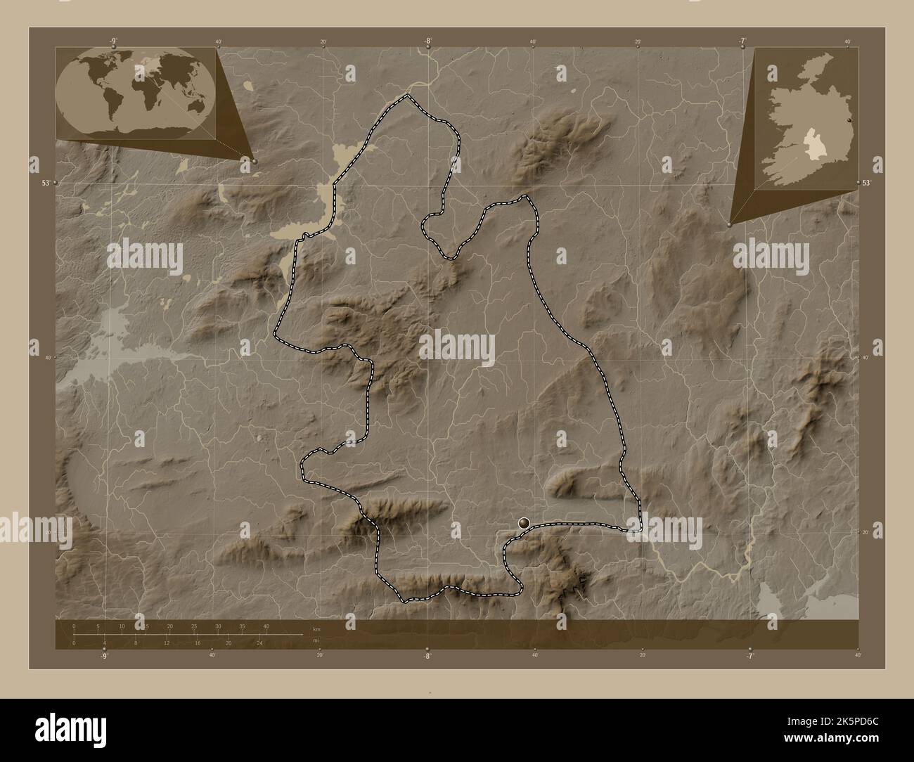 Tipperary, county of Ireland. Elevation map colored in sepia tones with ...