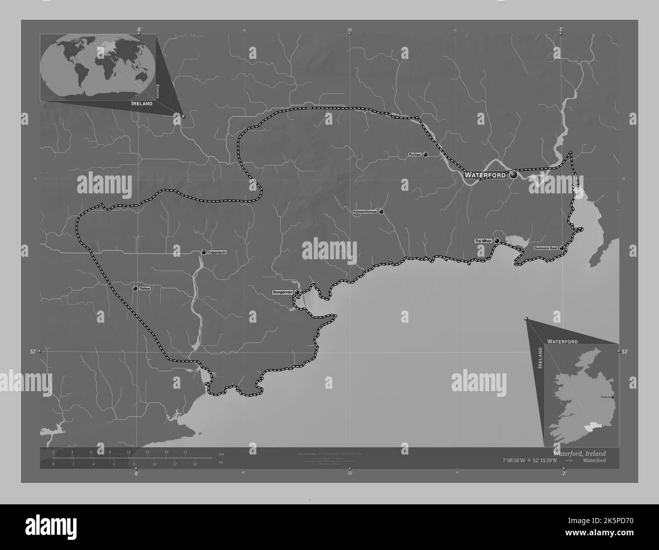 Waterford, county of Ireland. Grayscale elevation map with lakes and ...