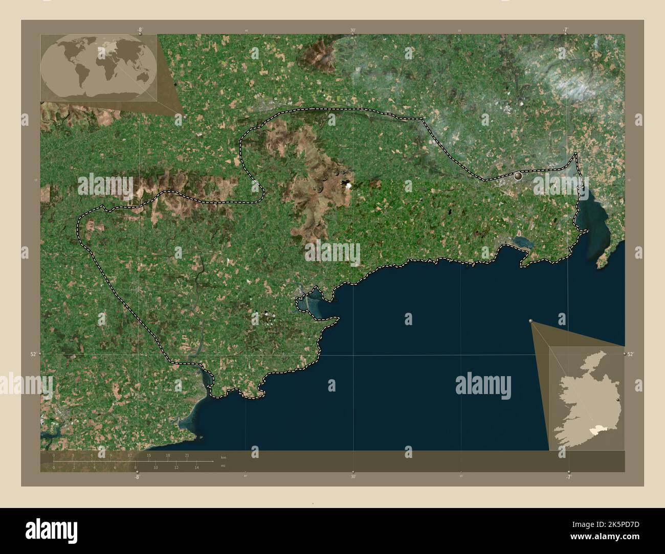 Waterford, county of Ireland. High resolution satellite map. Corner ...