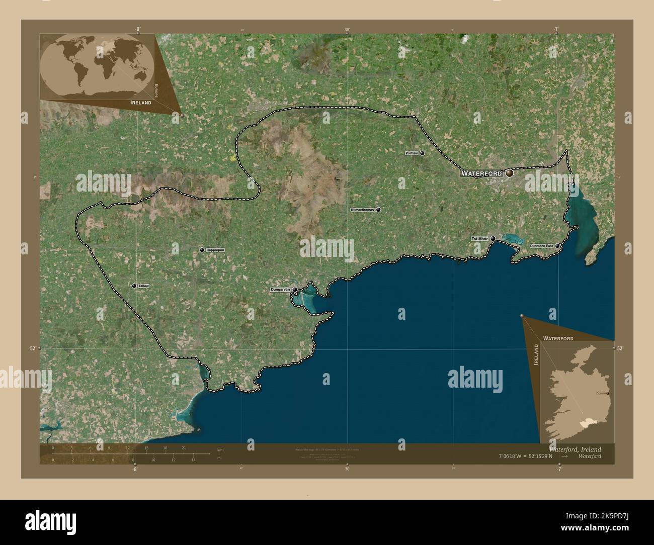Waterford, county of Ireland. Low resolution satellite map. Locations ...