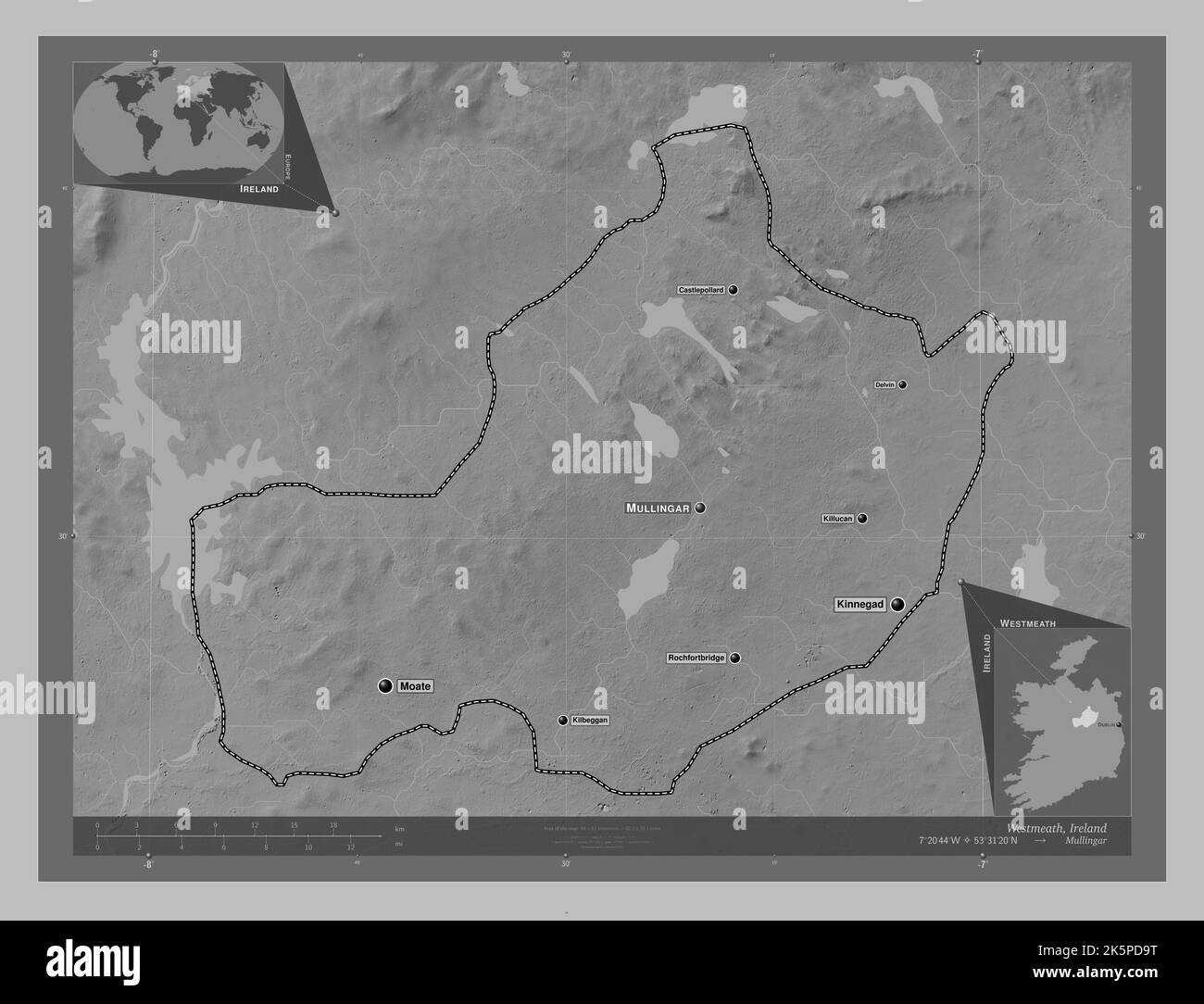 Westmeath, county of Ireland. Grayscale elevation map with lakes and ...