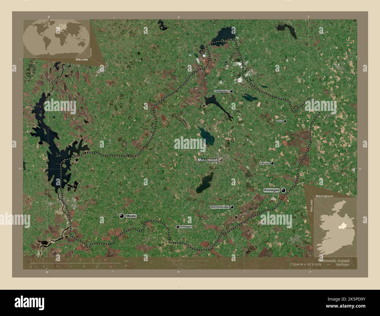 Westmeath, county of Ireland. High resolution satellite map. Locations ...