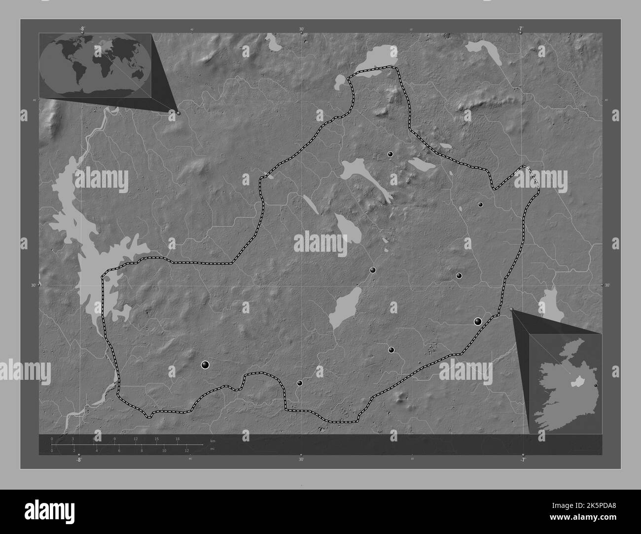Westmeath, county of Ireland. Bilevel elevation map with lakes and ...
