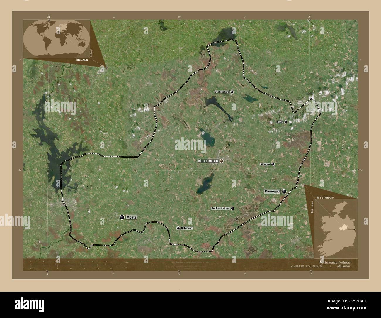Westmeath, county of Ireland. Low resolution satellite map. Locations ...