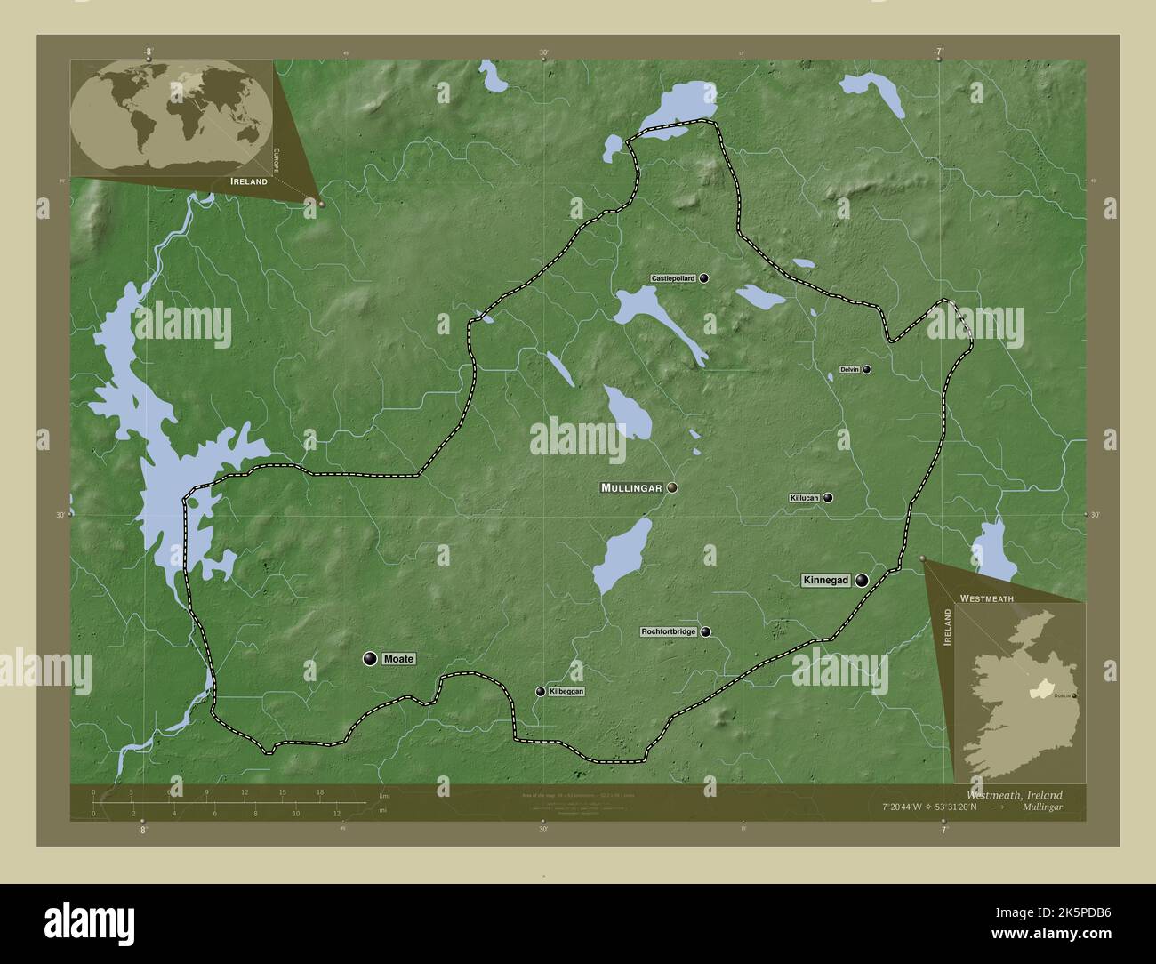 Westmeath, county of Ireland. Elevation map colored in wiki style with ...