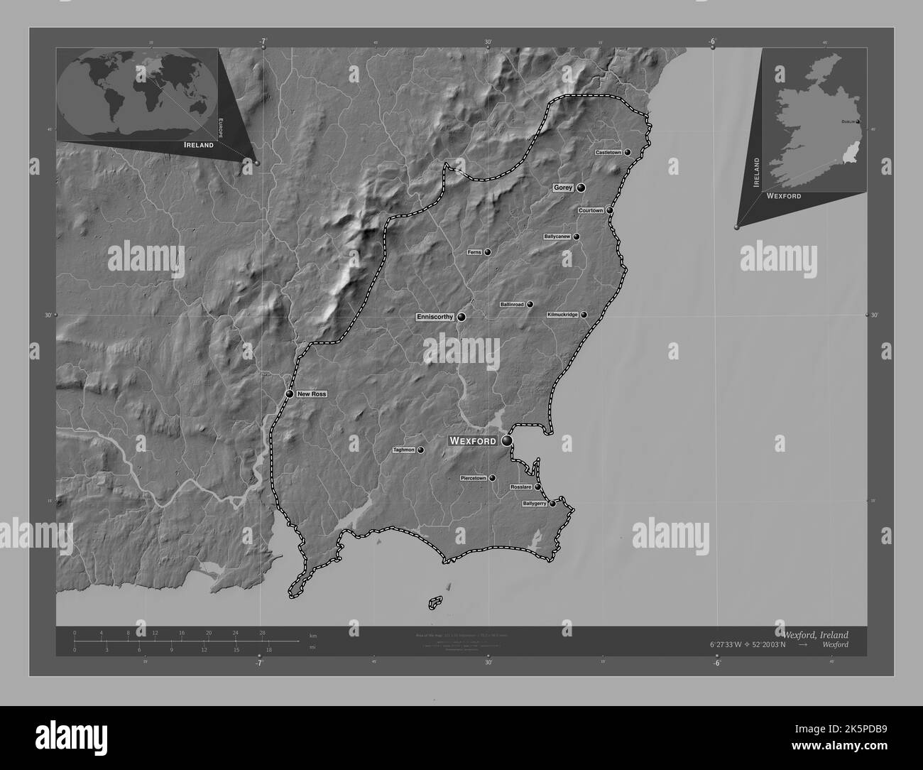 Wexford, county of Ireland. Bilevel elevation map with lakes and rivers ...