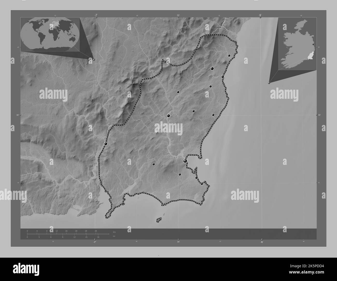 Wexford, county of Ireland. Grayscale elevation map with lakes and ...