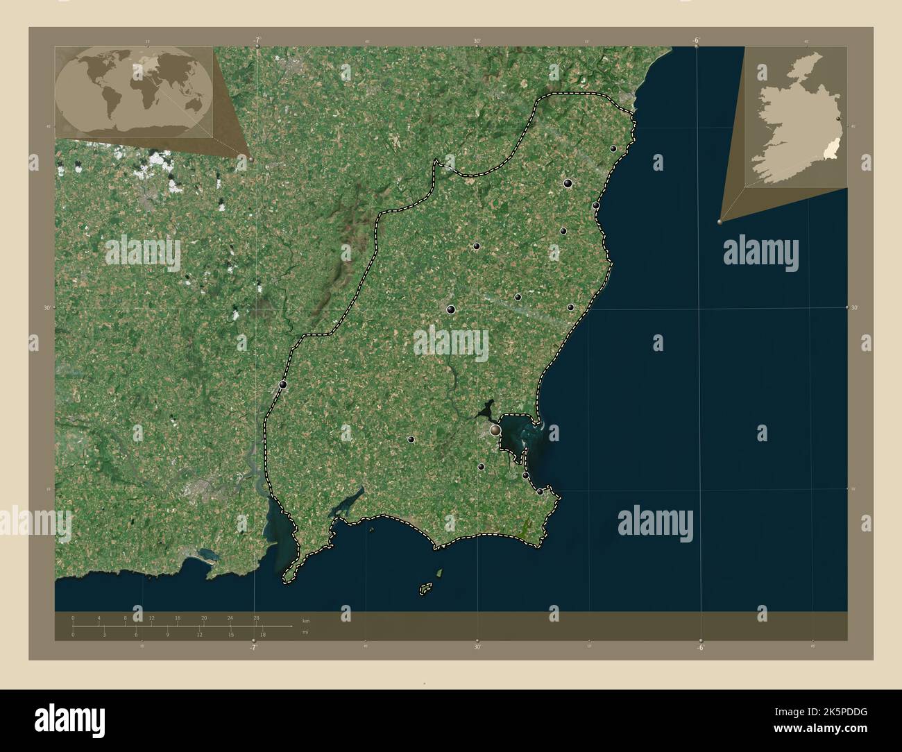 Wexford, county of Ireland. High resolution satellite map. Locations of ...