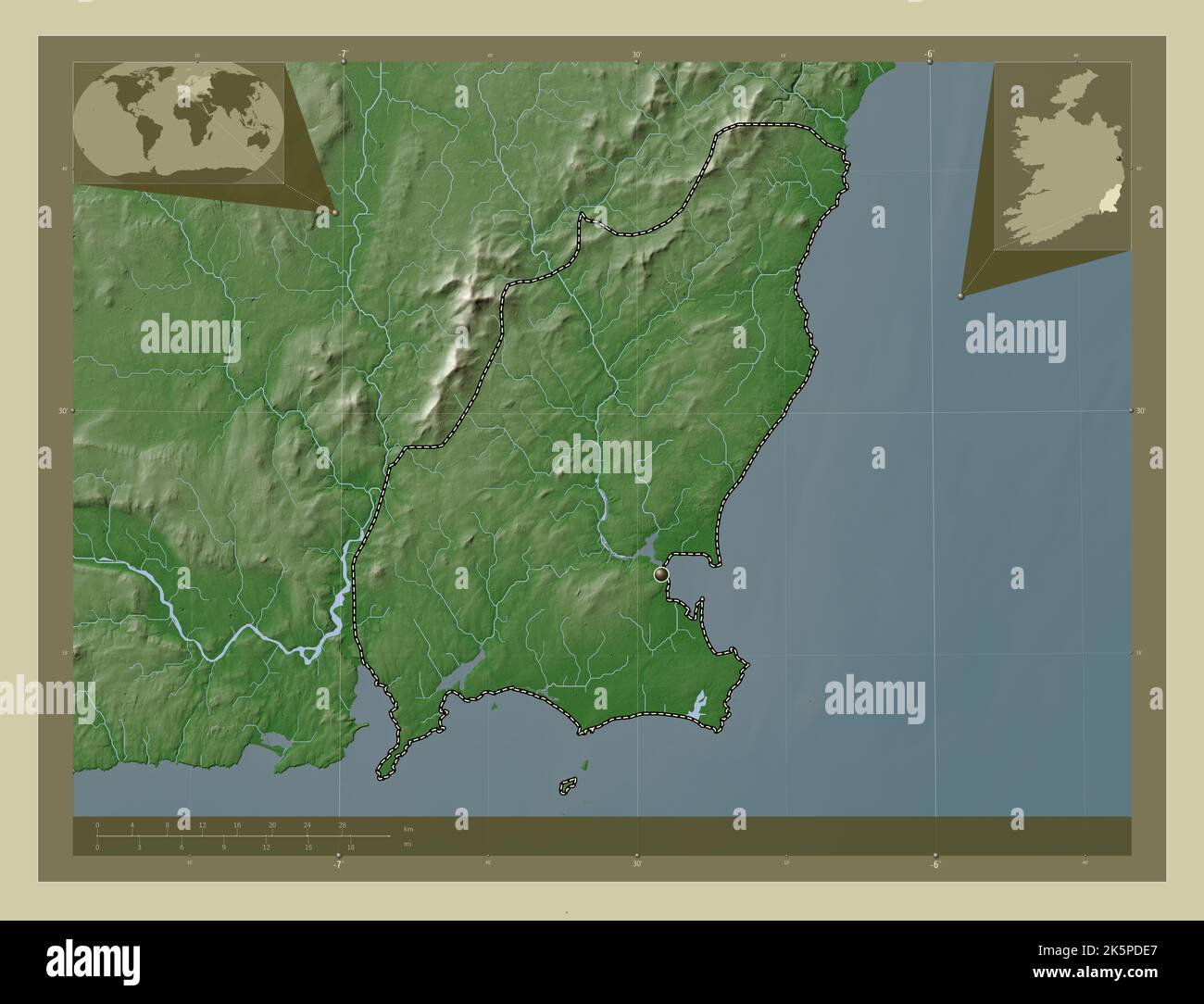 Wexford, county of Ireland. Elevation map colored in wiki style with lakes and rivers. Corner ...