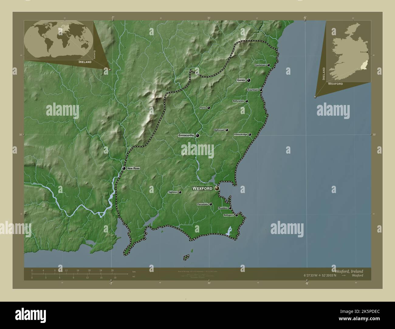 Wexford, county of Ireland. Elevation map colored in wiki style with ...