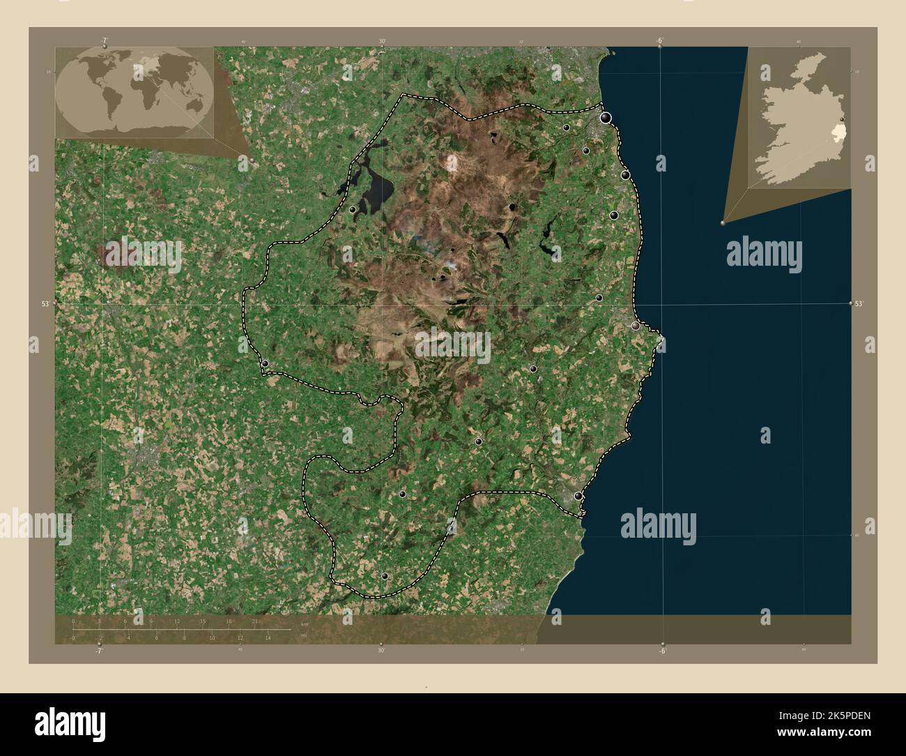 Wicklow, county of Ireland. High resolution satellite map. Locations of ...