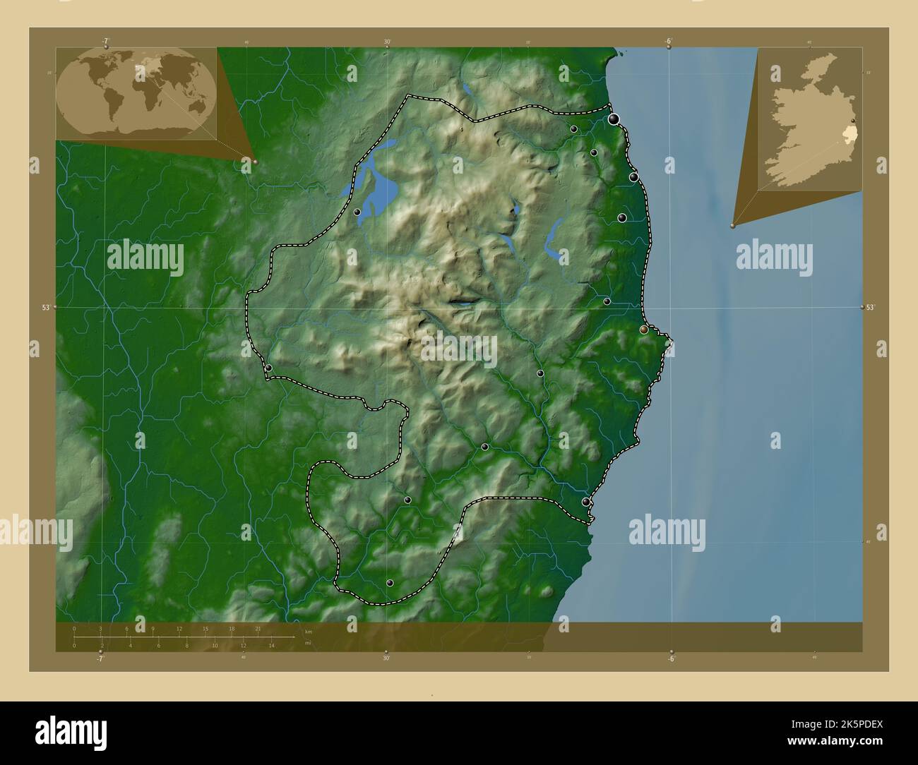 Wicklow, county of Ireland. Colored elevation map with lakes and rivers ...