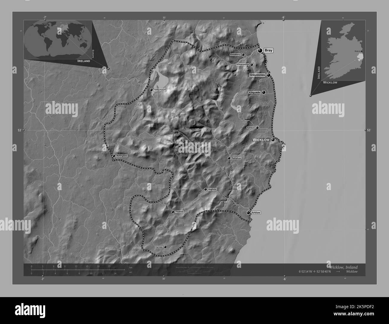 Wicklow, county of Ireland. Bilevel elevation map with lakes and rivers ...