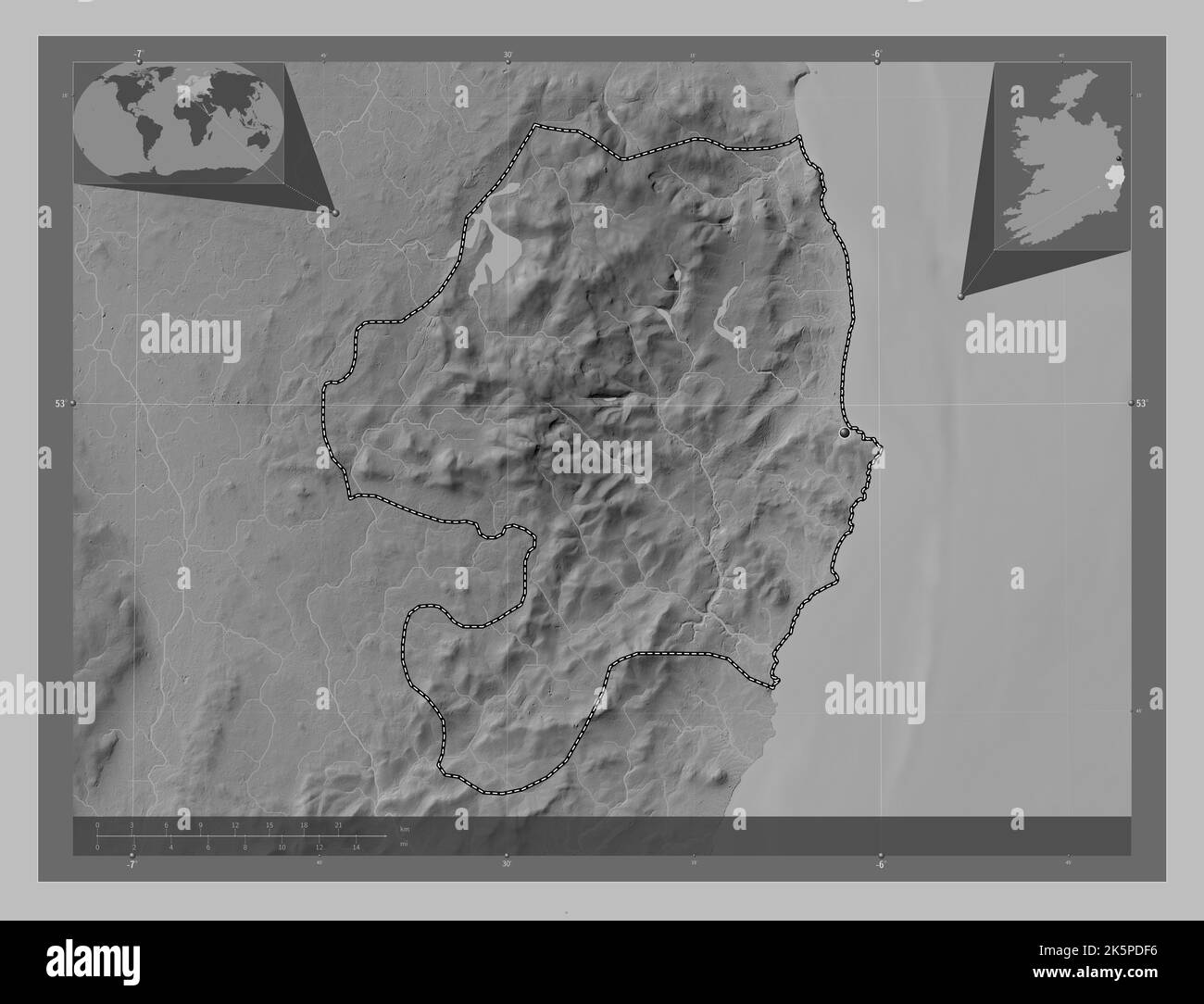Wicklow, county of Ireland. Grayscale elevation map with lakes and ...