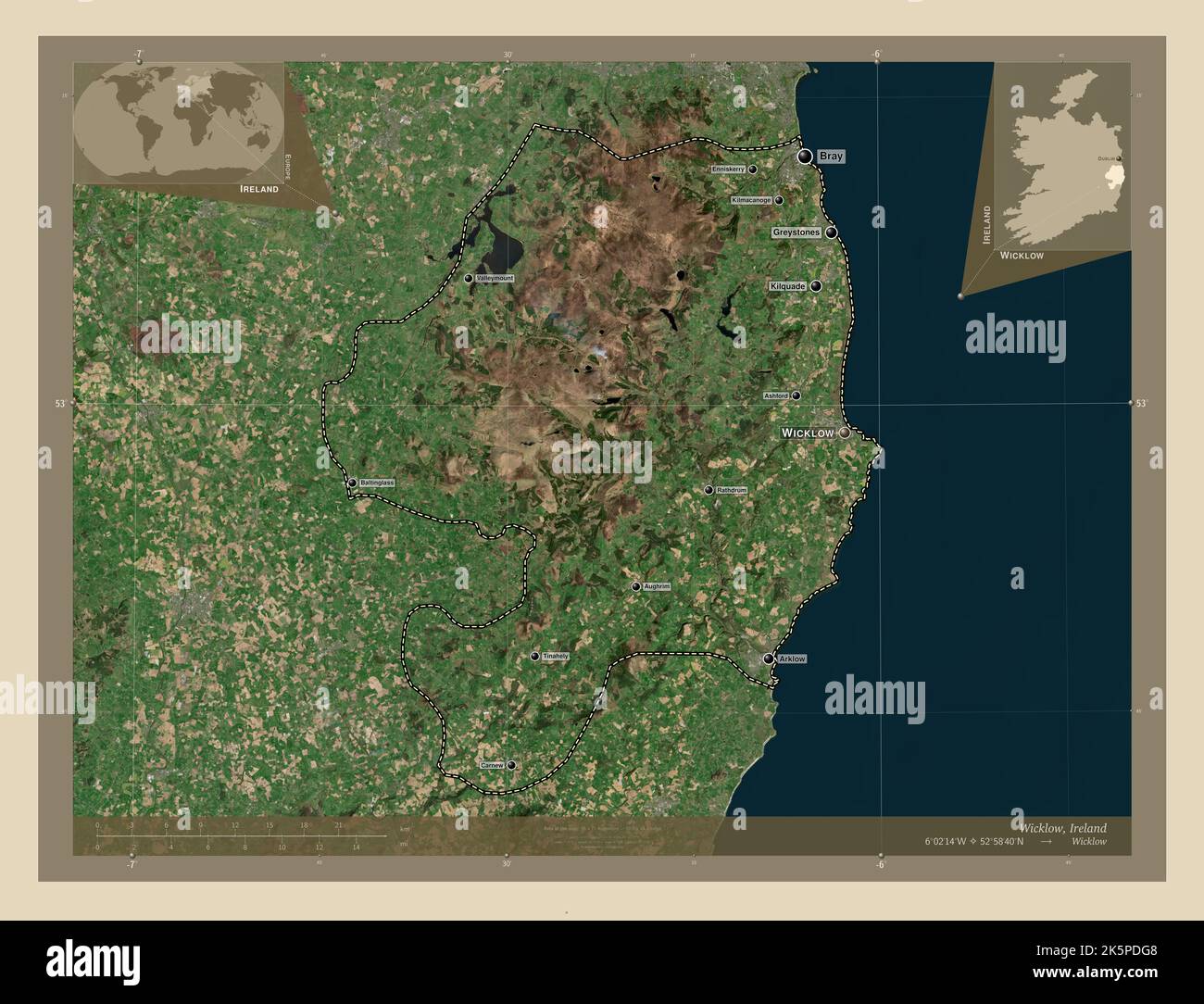 Wicklow, county of Ireland. High resolution satellite map. Locations ...