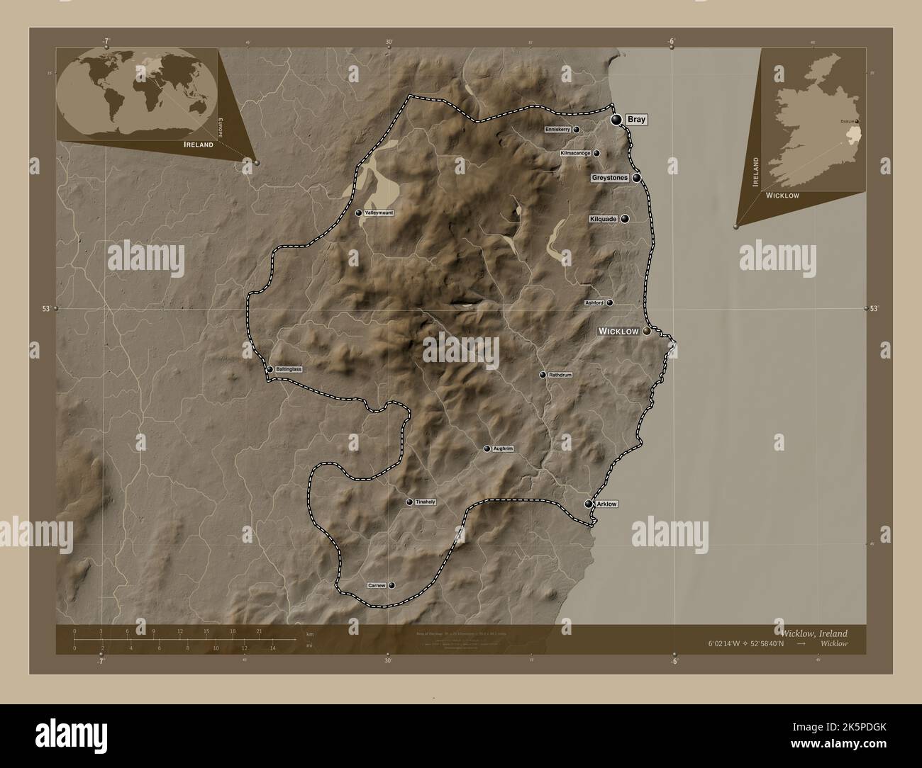 Wicklow, county of Ireland. Elevation map colored in sepia tones with ...
