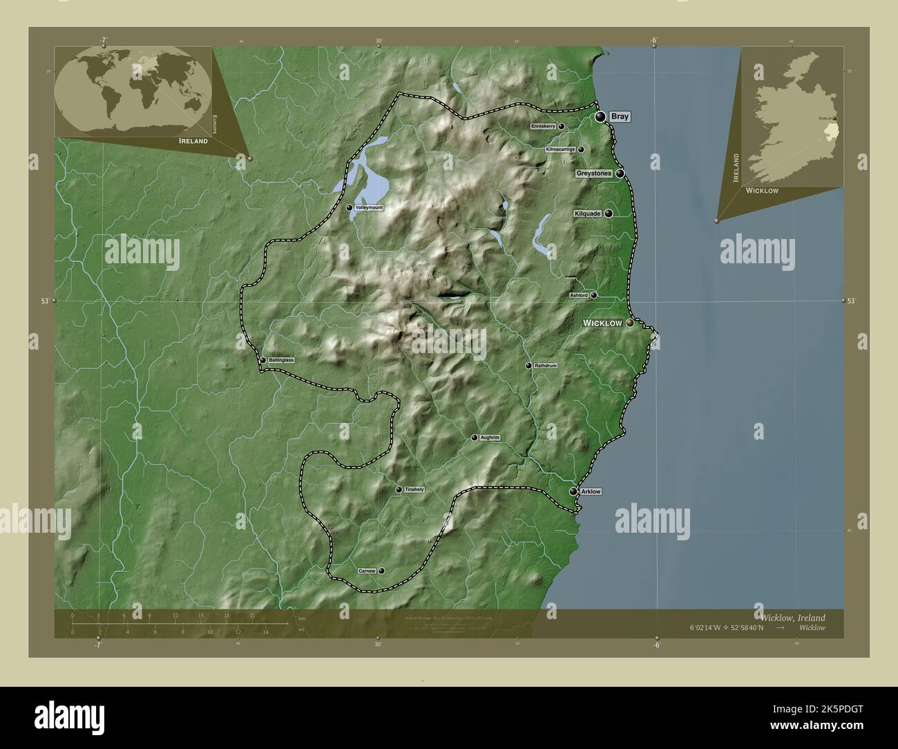 Wicklow, county of Ireland. Elevation map colored in wiki style with ...
