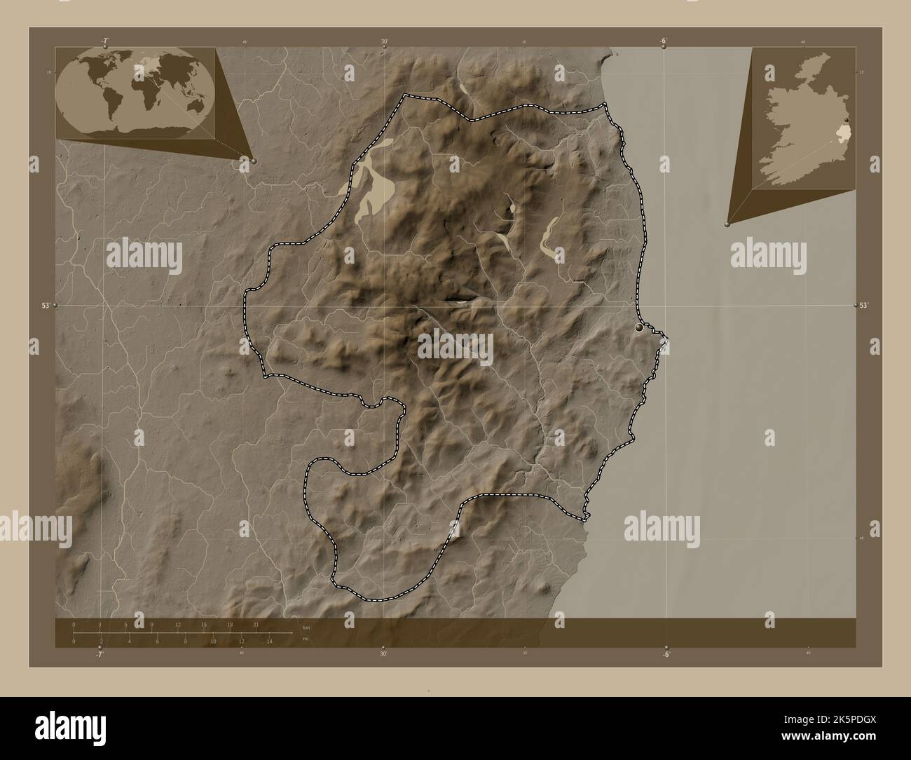 Wicklow, county of Ireland. Elevation map colored in sepia tones with ...