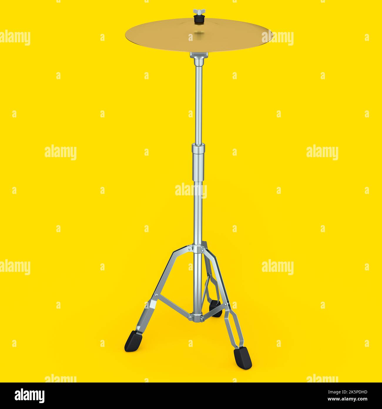 Metal cymbal on a stand on yellow background. 3d render concept of ...