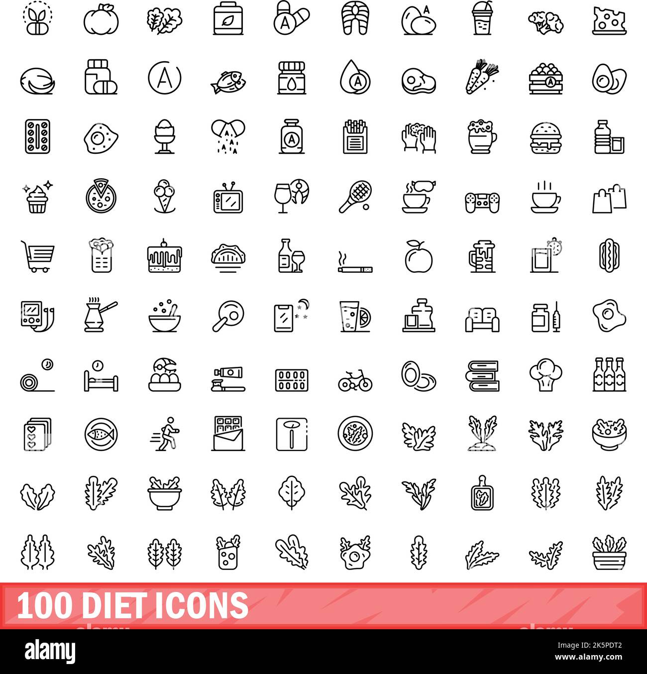 100 diet icons set. Outline illustration of 100 diet icons vector set ...