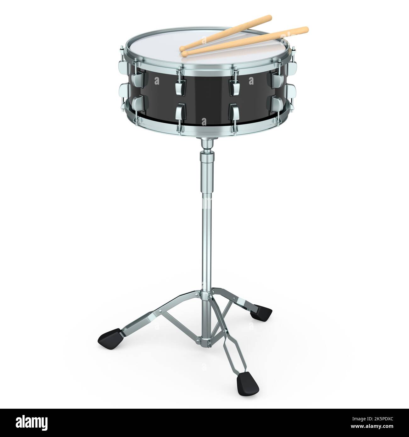 Realistic drum and wooden drum sticks and stand on white background. 3d ...