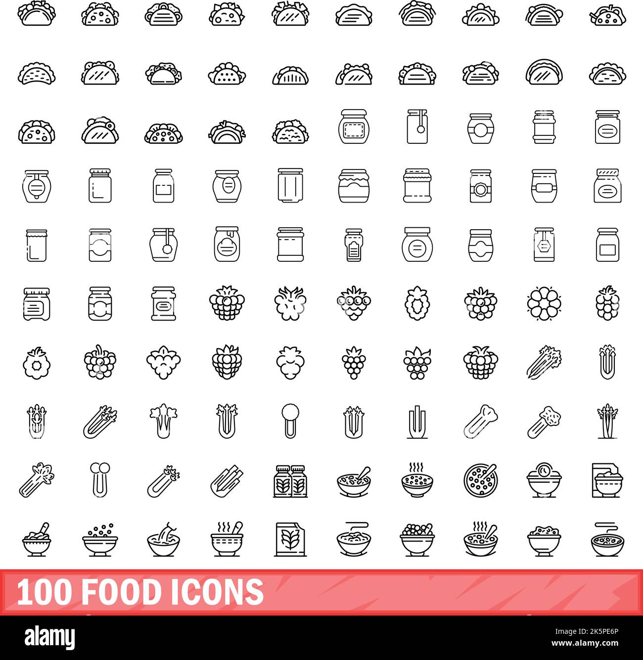 100 food icons set. Outline illustration of 100 food icons vector set ...