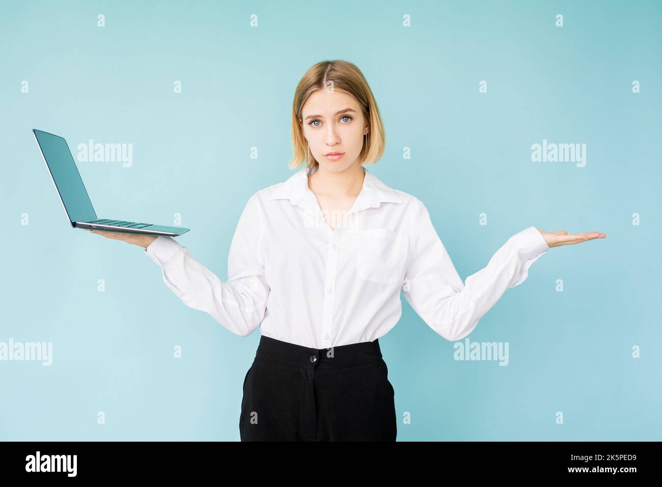 Choose product. Doubtful woman. Balanced decision. Presenting gesture ...