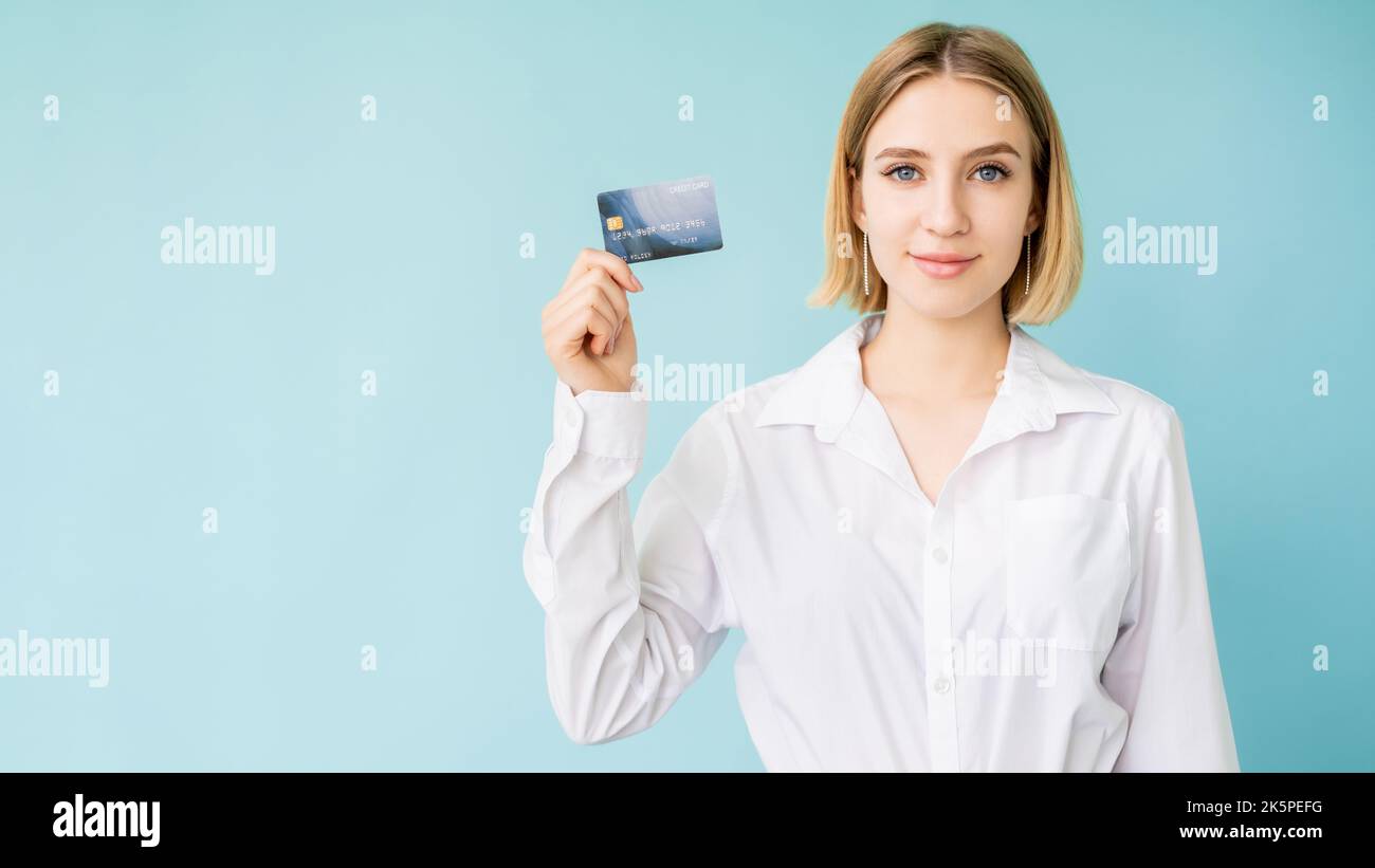 Bank payments. Female officer. Credit bonus. Advertising background ...