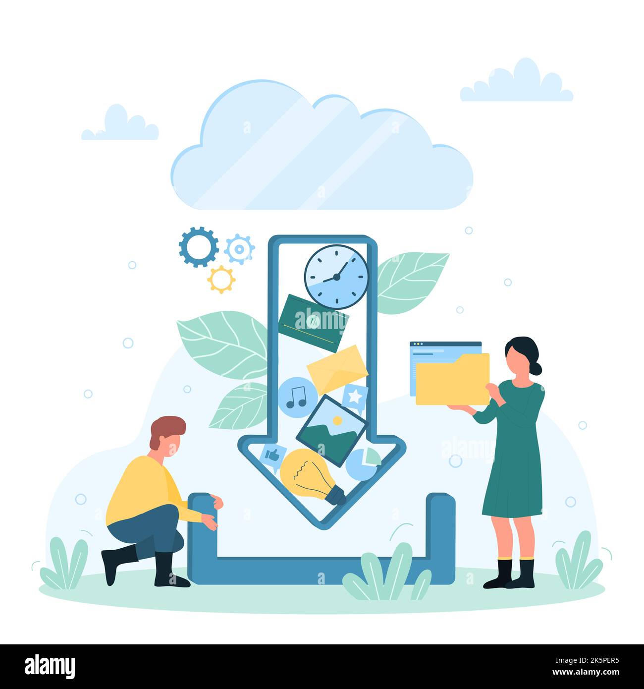Downloading data and information from cloud vector illustration. Cartoon tiny people upload ...