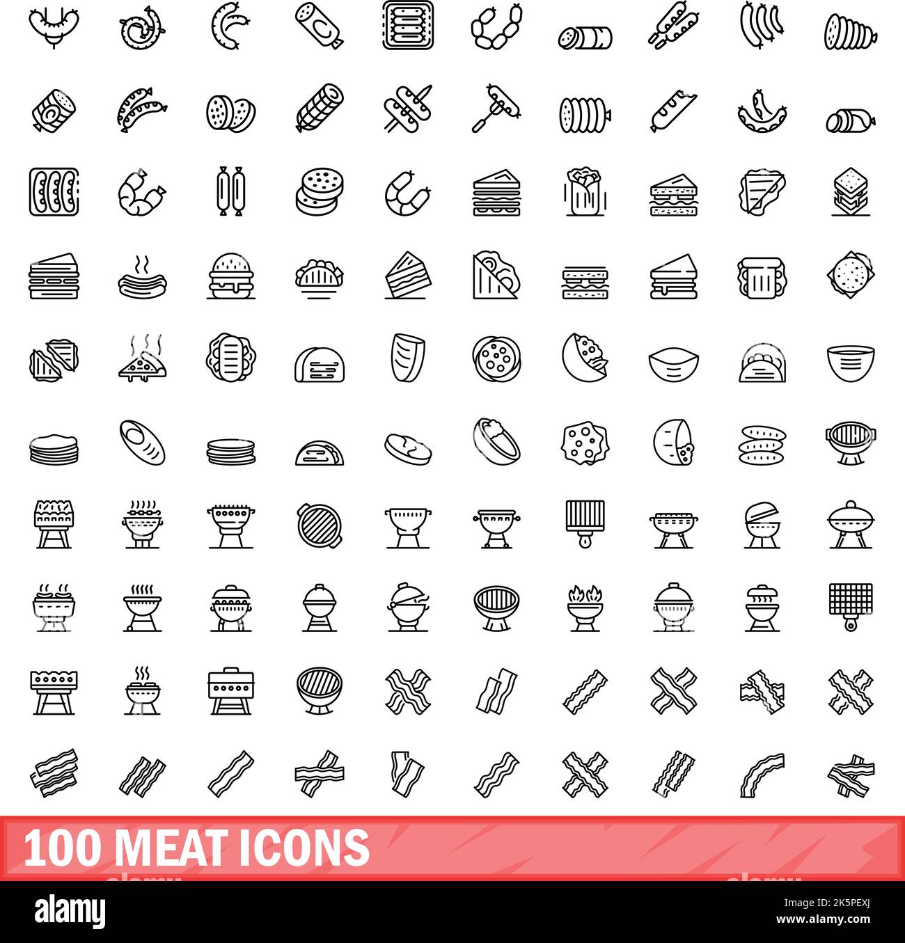100 meat icons set. Outline illustration of 100 meat icons vector set ...