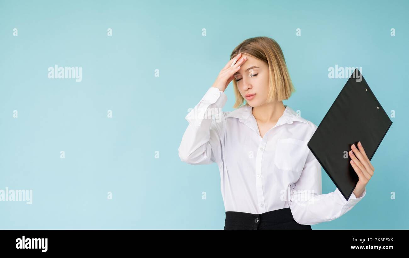 Exhausted office woman. Business project. Problem solution. Advertising ...