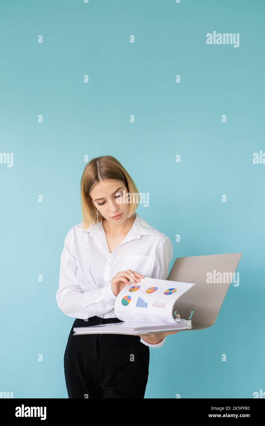 Financial report. Office woman. Documents research. Graphic diagrams ...