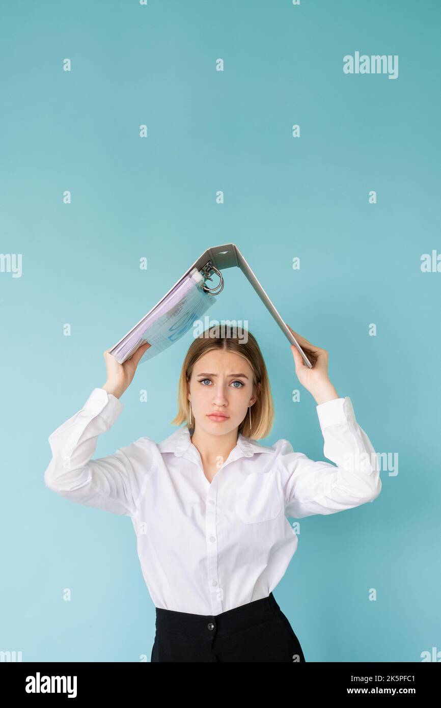 Hard work. Tired woman. Many tasks. Avoid problem. Sad lady in office ...