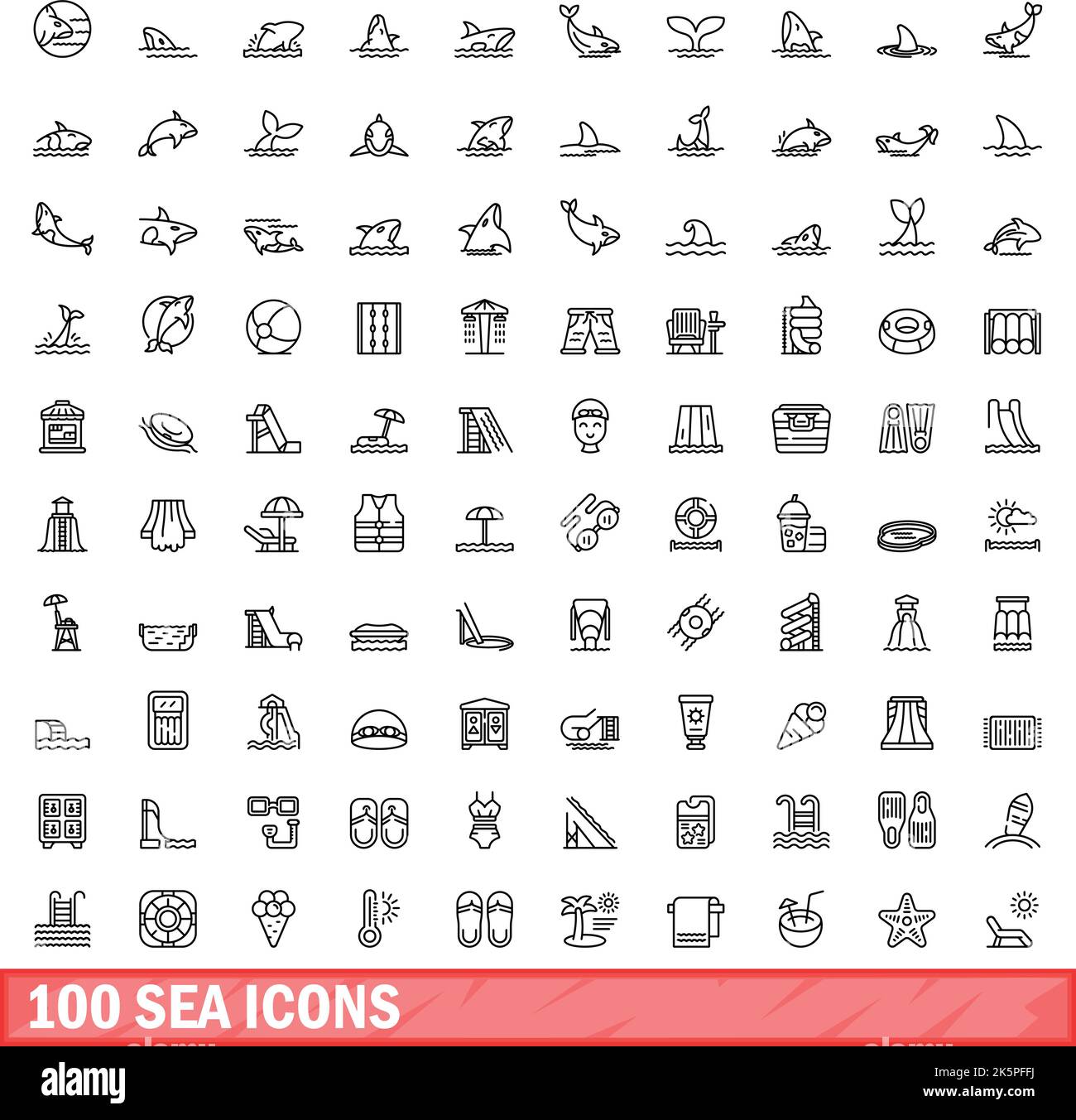 100 sea icons set. Outline illustration of 100 sea icons vector set ...