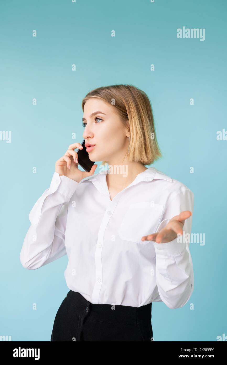 Office routine. Business woman. Mobile communication. Problem solution ...