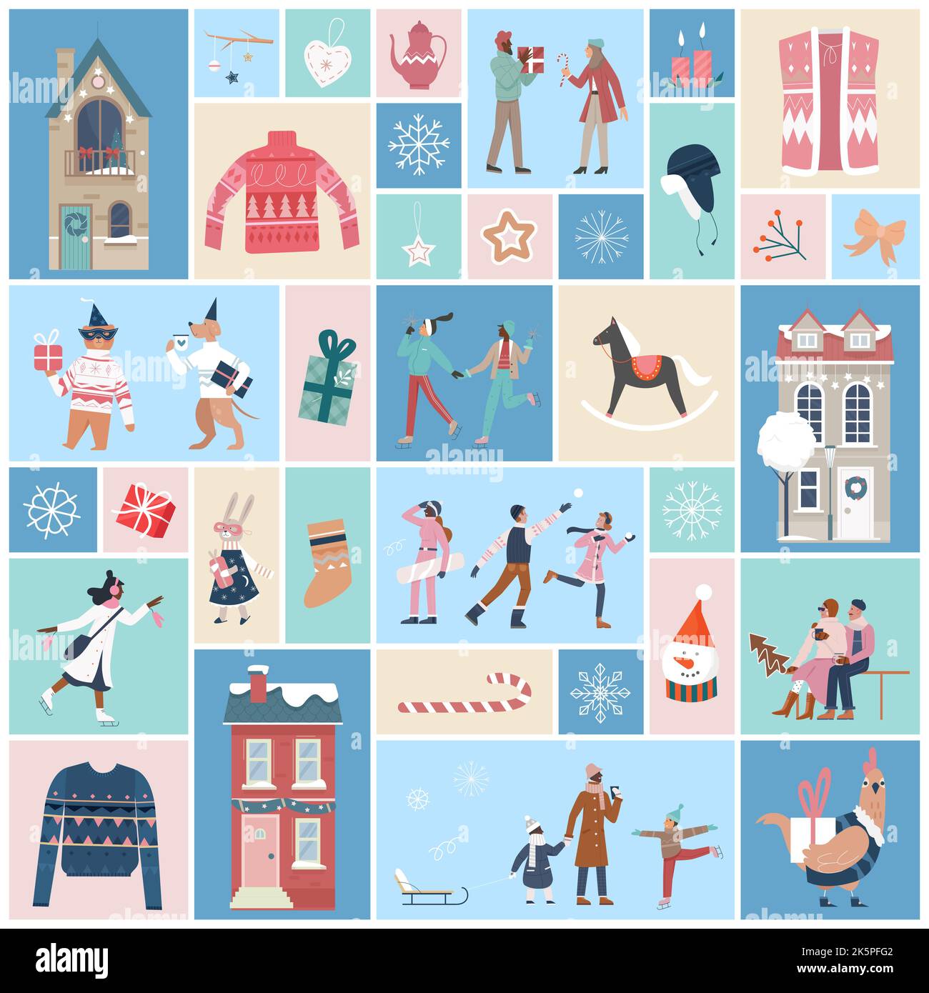 Happy people celebrate winter holidays set vector illustration. Cartoon ...