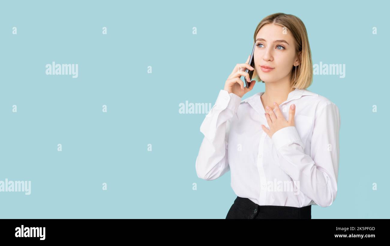 Pleasant talk. Office woman. Daily routine. Mobile technology ...