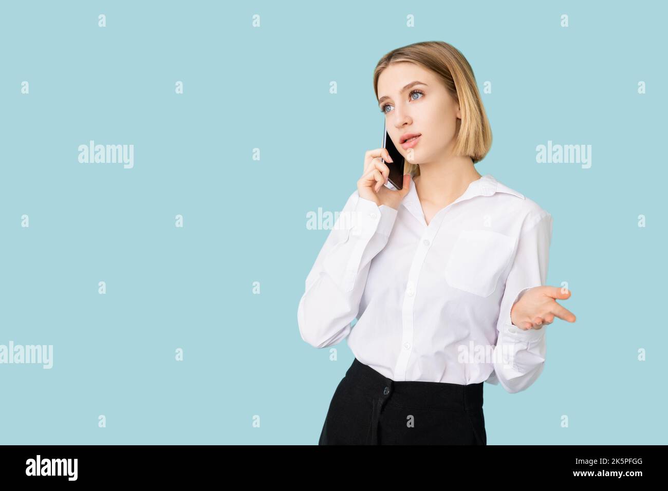Office routine. Talking woman. Business project. Mobile communication ...