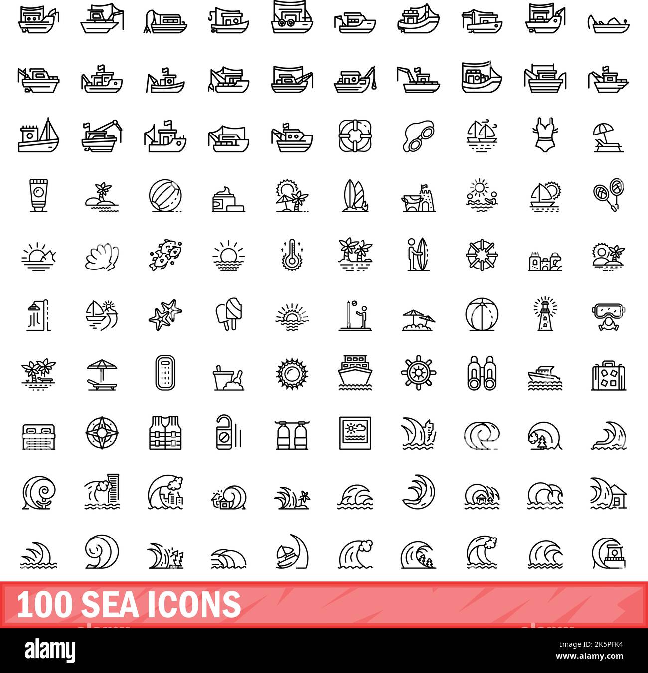 100 sea icons set. Outline illustration of 100 sea icons vector set ...