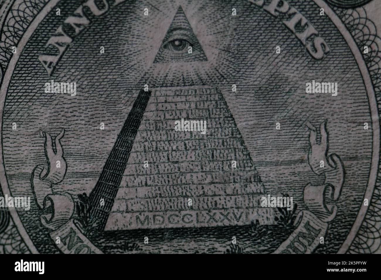 One dollar bill great seal pyramid and All-Seeing Eye detail close up ...