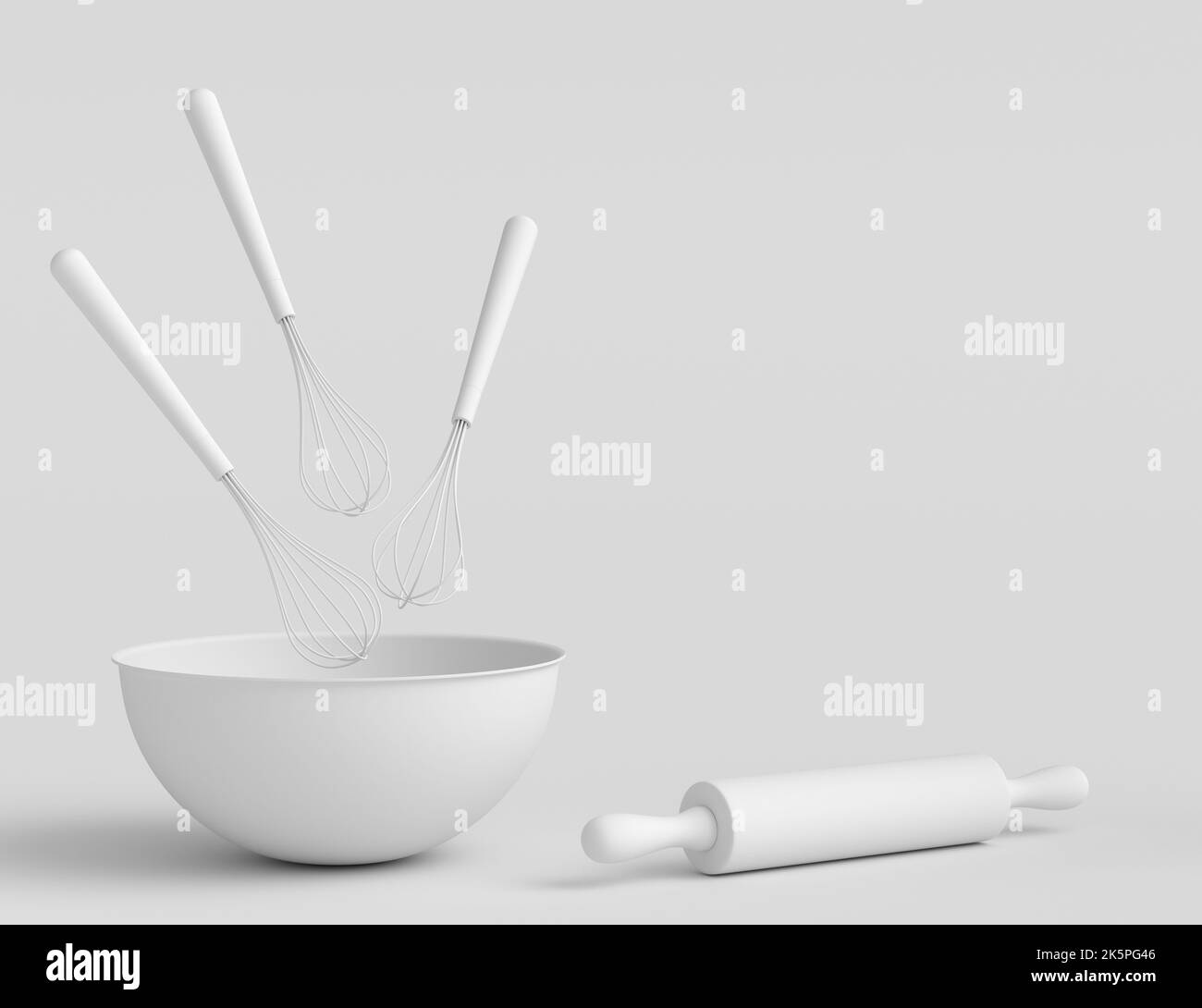 Metal bowl with kitchen utensil for preparation of dough on monochrome ...