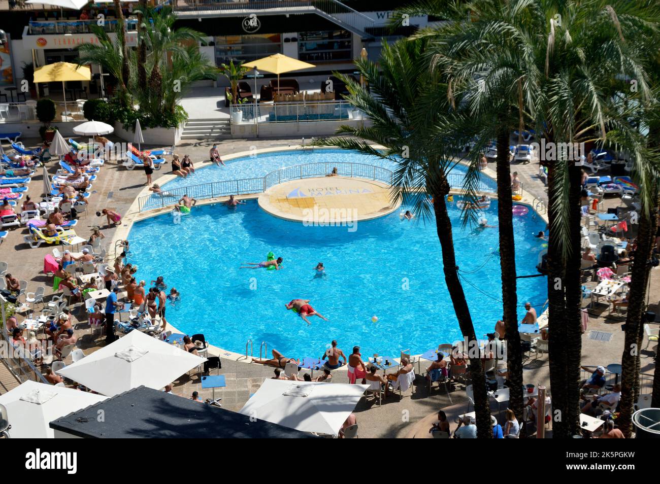 View of the swimming pool from a hotel room balcony in Benidorm Stock ...