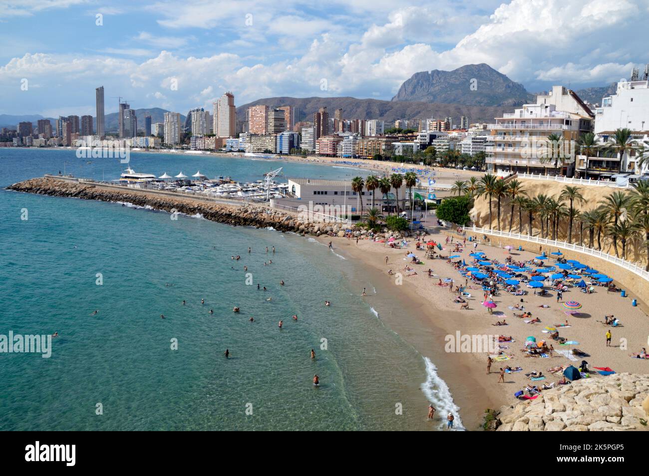 View of Playa Poniente Beach in Benidorm on a warm sunny afternoon ...