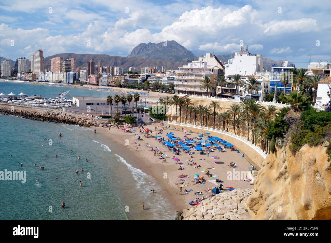 View of Playa Poniente Beach in Benidorm on a warm sunny afternoon ...