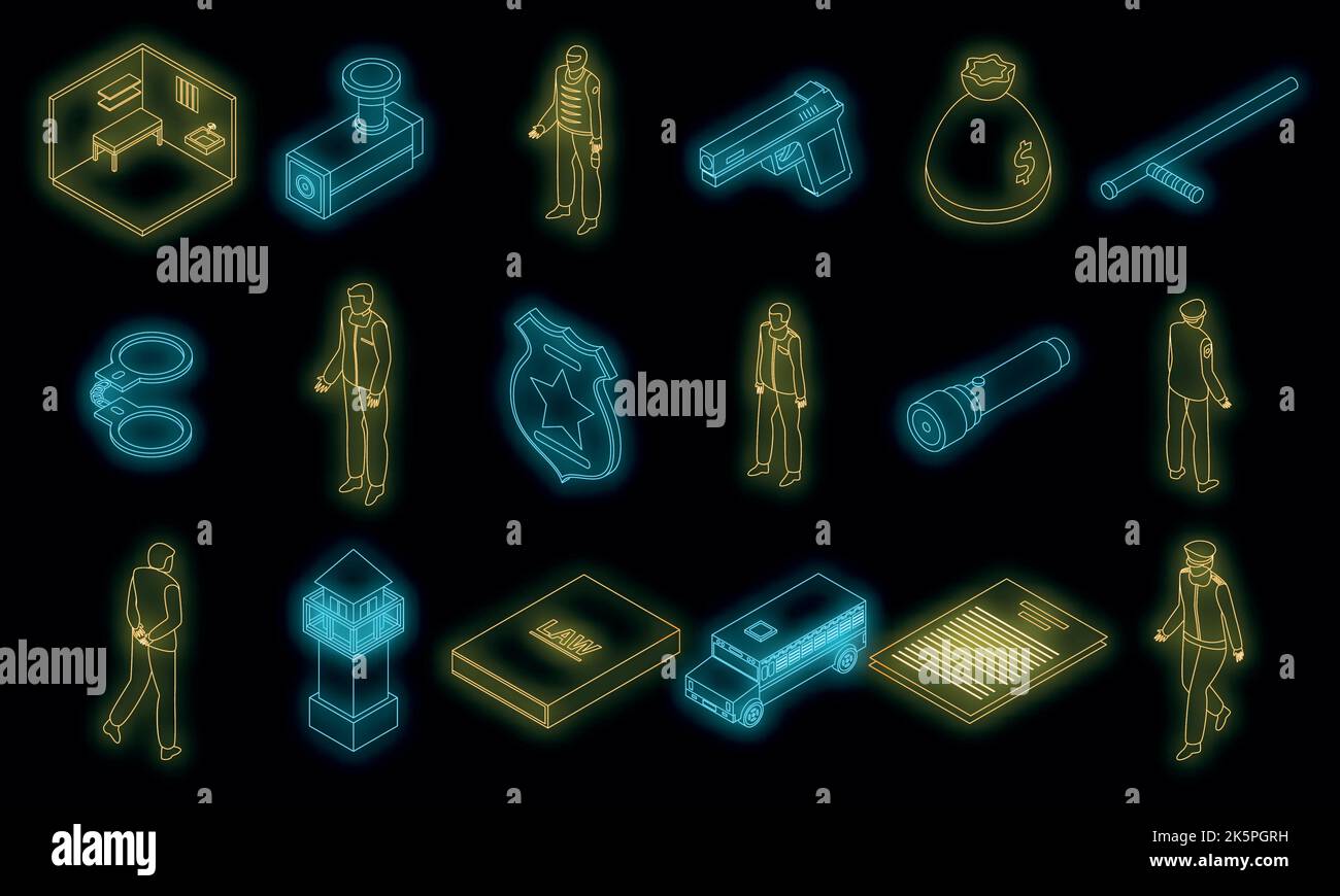 Prison icons set. Isometric set of prison vector icons neon color on ...