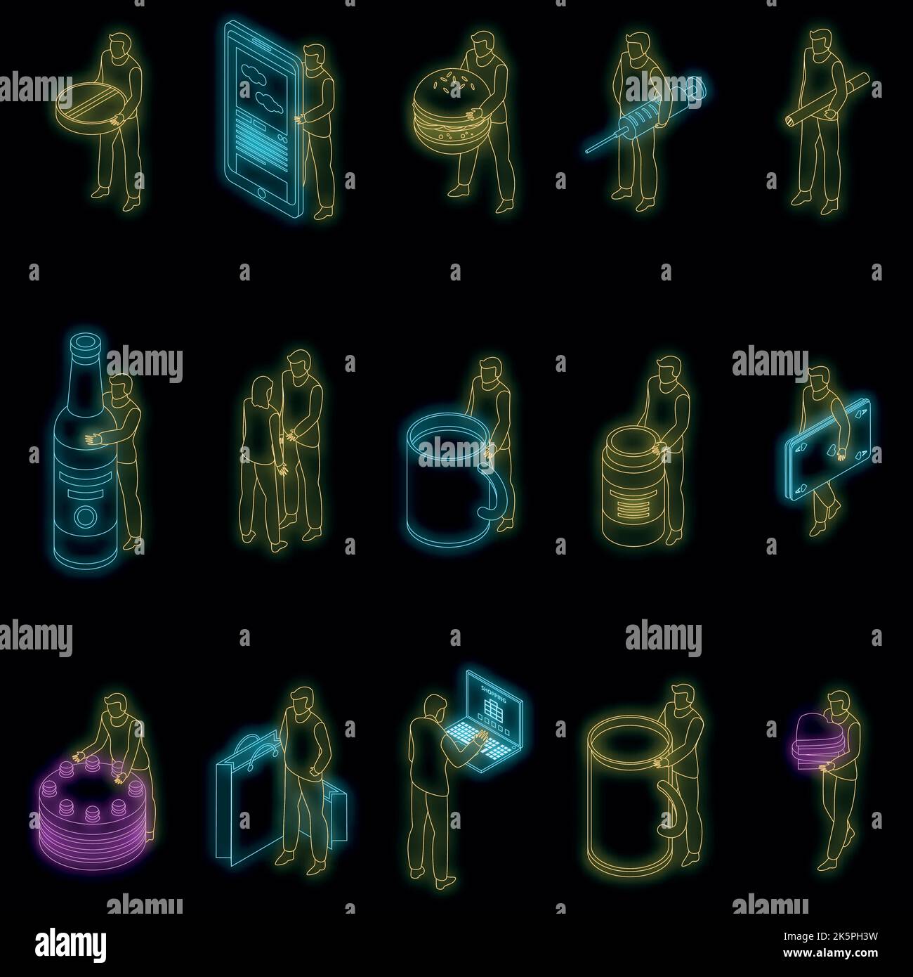 Addiction icons set. Isometric set of addiction vector icons neon color ...