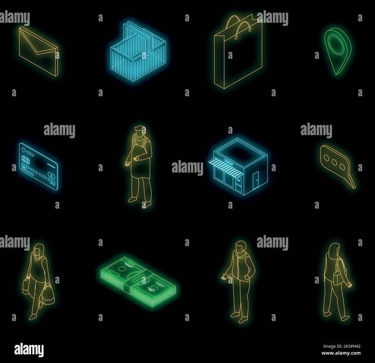 Buyer icons set. Isometric set of buyer vector icons neon color on ...