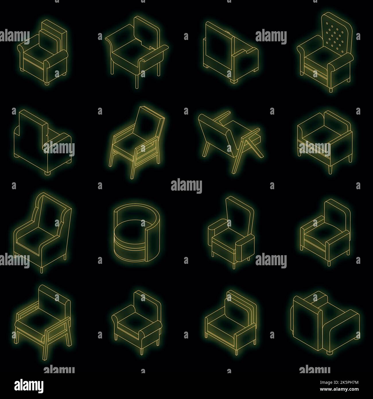 Armchair icons set. Isometric set of armchair vector icons neon color ...