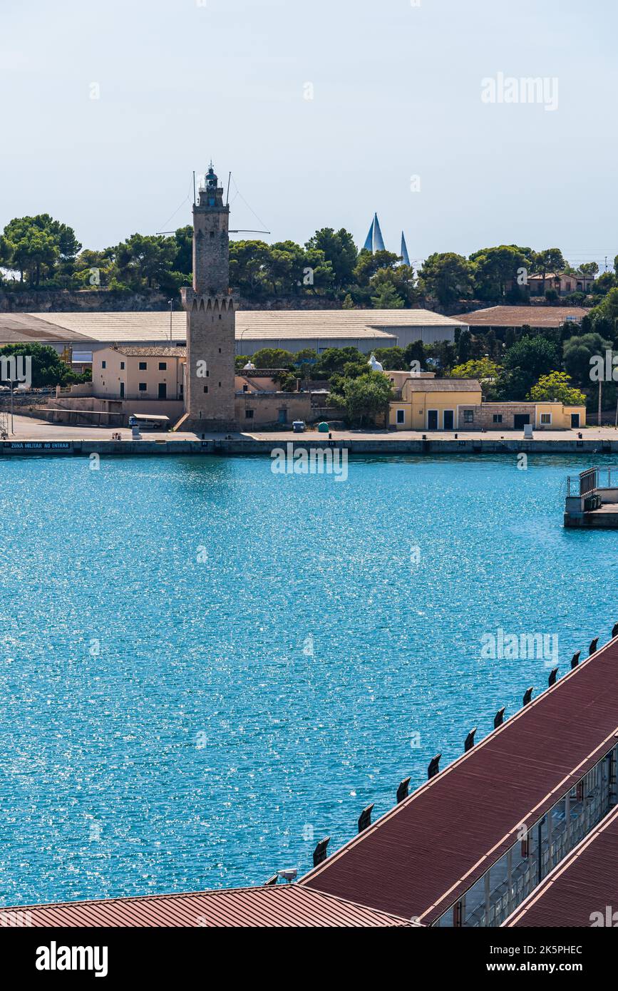 The Porto Pi Lighthouse in Palma harbour on the Balearic Island of ...