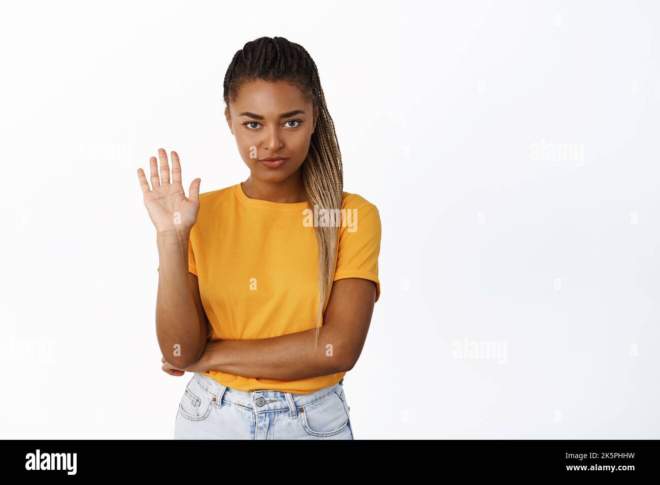 Stop. Woman prohibit, showing rejection sign, forbidding, declining ...